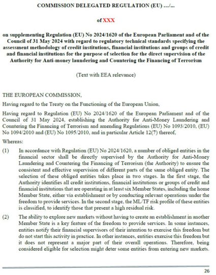 EBA Draft RTS: Risk Assessment for AMLA Supervision